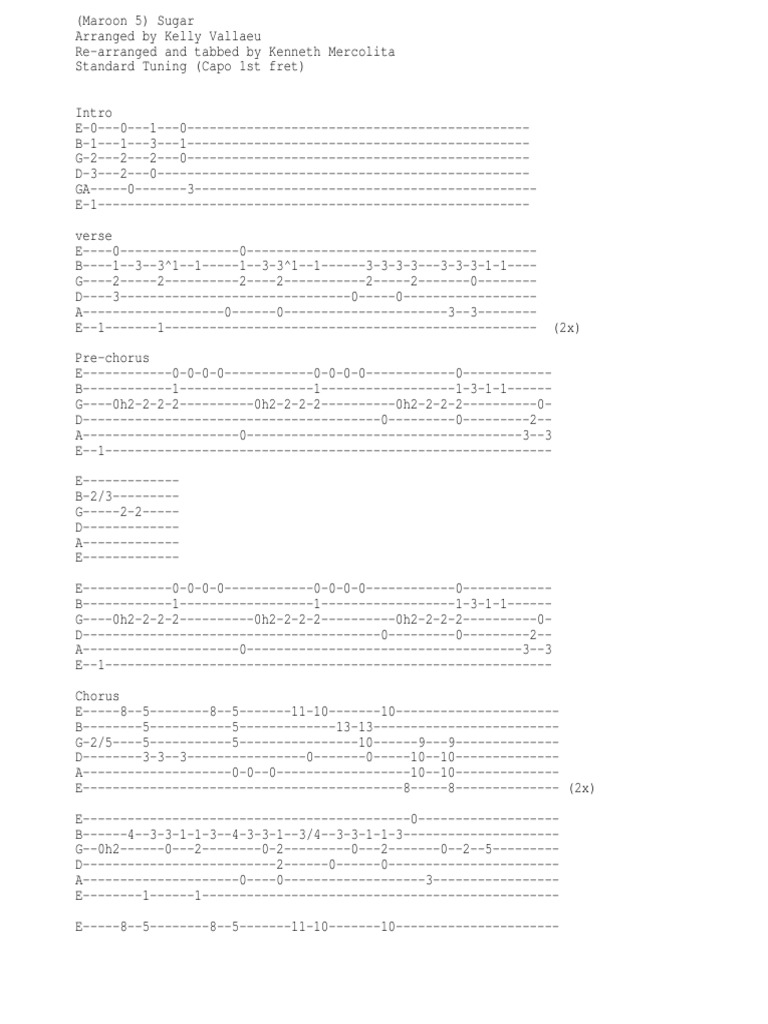 Maroon 5 "Sugar" Guitar Tabs & Chords | PDF | Song Structure | Songs