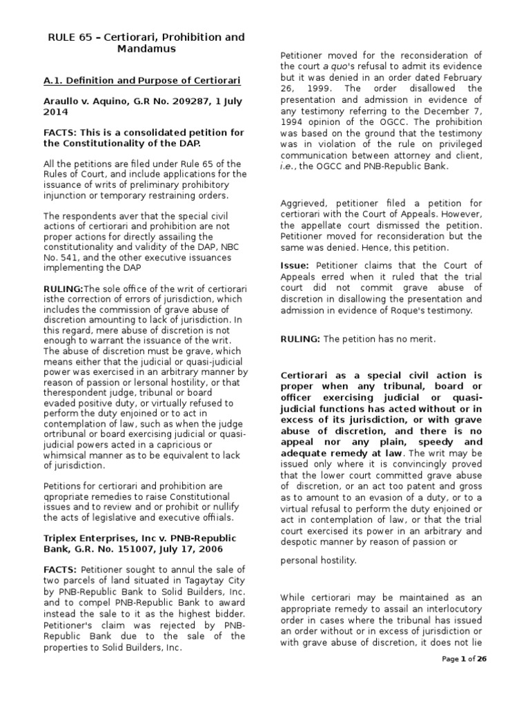 Rule 65 Case Notes | Certiorari | Writ Of Prohibition