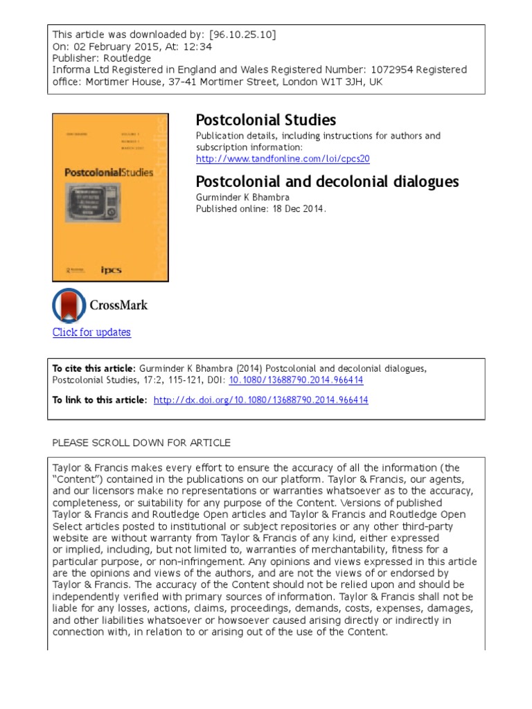 Gurminder K Bhambra, Postcolonial and Decolonial Dialogues' | PDF | Postcolonialism ...