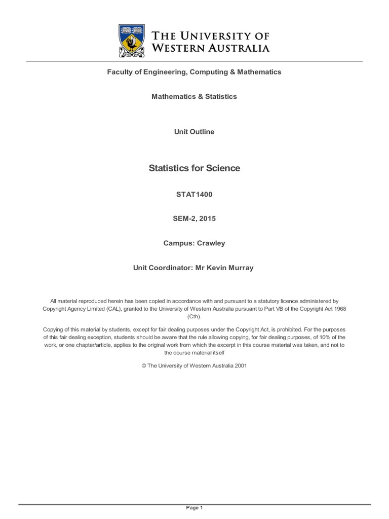 Statistics For Science: Faculty of Engineering, Computing & Mathematics ...
