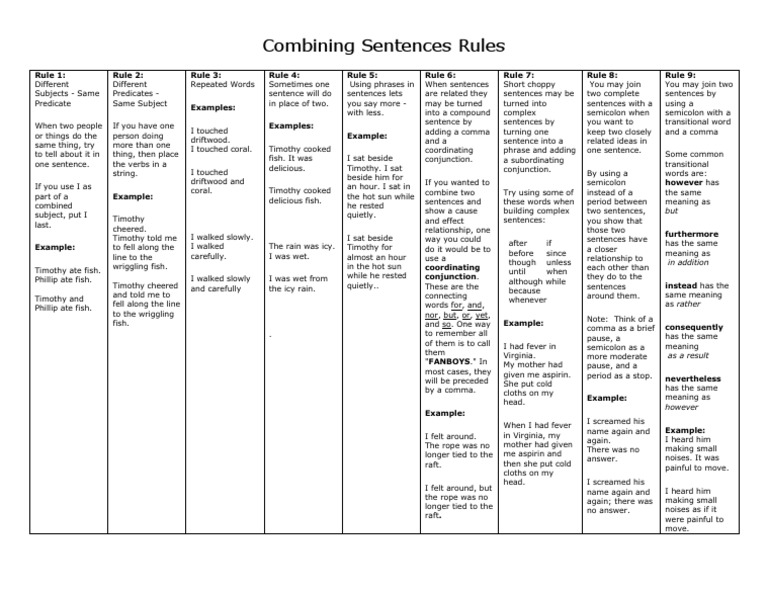 Combining Sentesadasdnces Rules | PDF | Subject (Grammar) | Comma