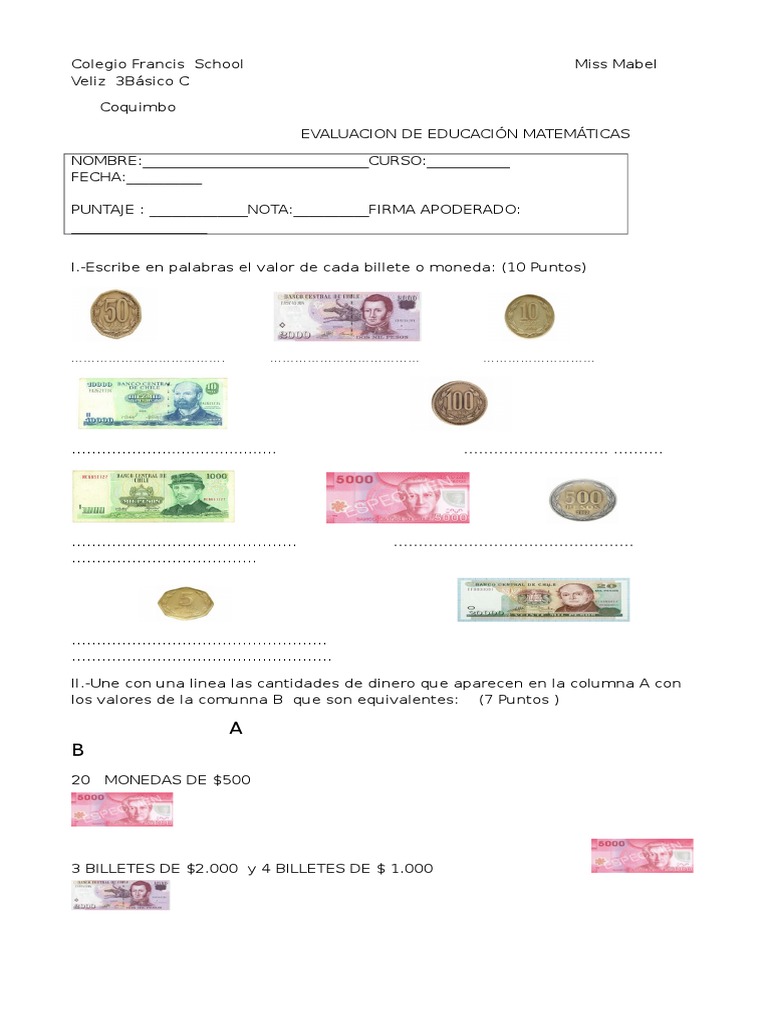 Mabel - Prueba de Billetes y Monedas | PDF | Hogar, jardinería y bricolaje