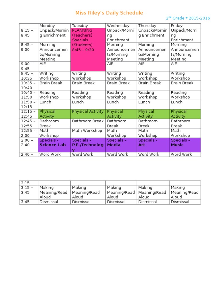 Miss Riley's 2nd Grade Daily Schedule | PDF | Self-Improvement