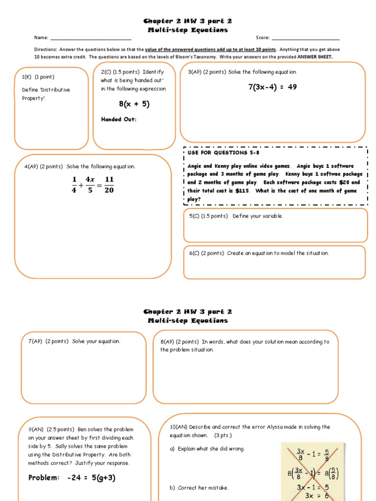 Multi-Step Equations Homework Guide | PDF