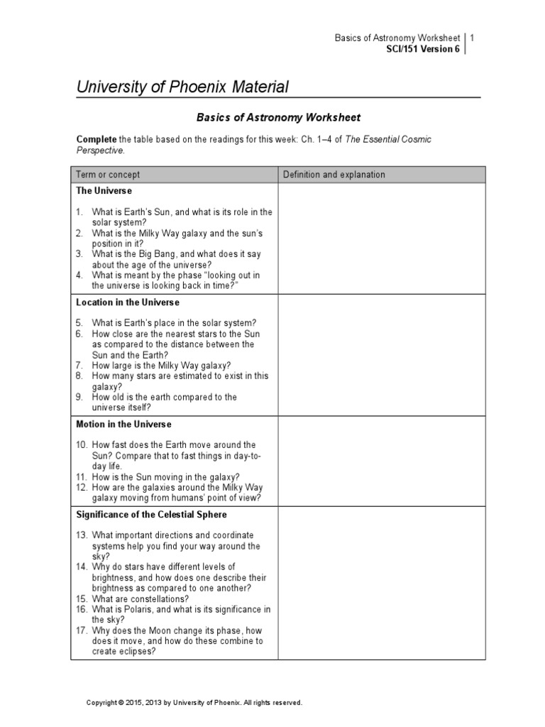 University of Phoenix Material: Basics of Astronomy Worksheet | PDF ...