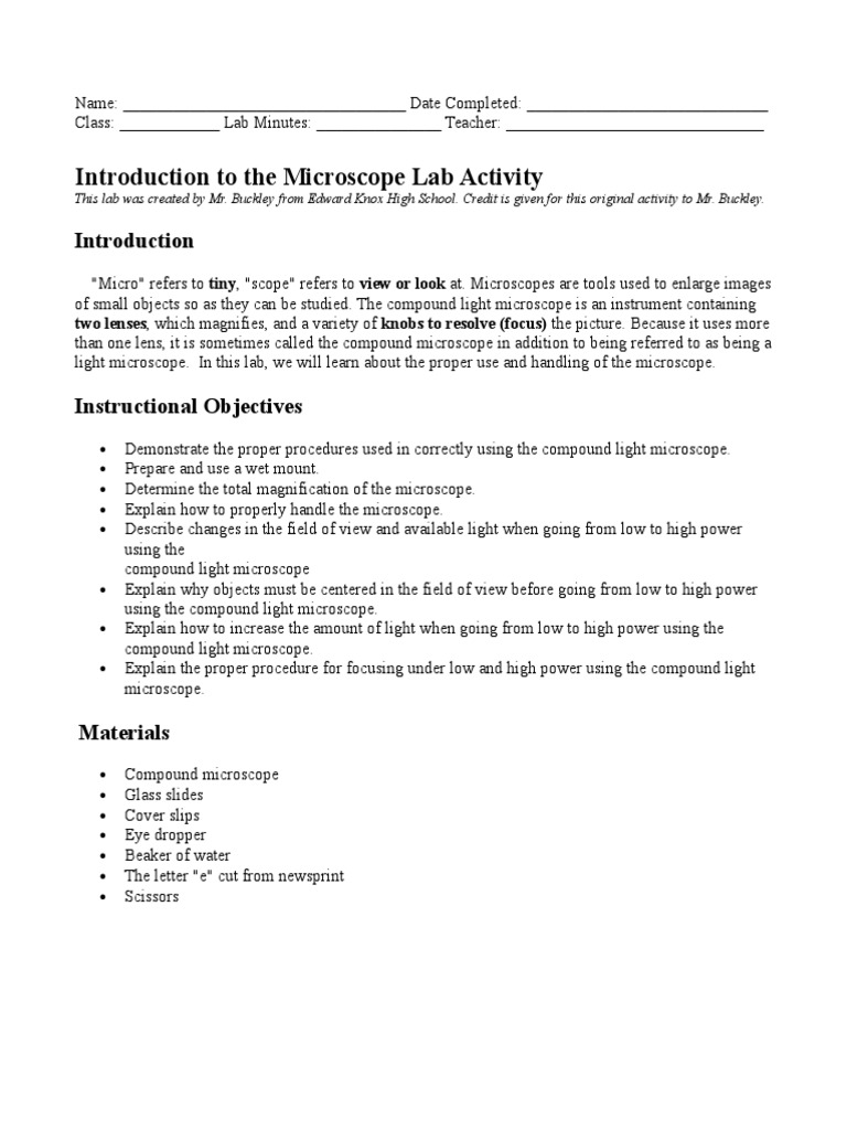 Introduction To The Microscope Lab Activity | PDF | Lens (Optics ...