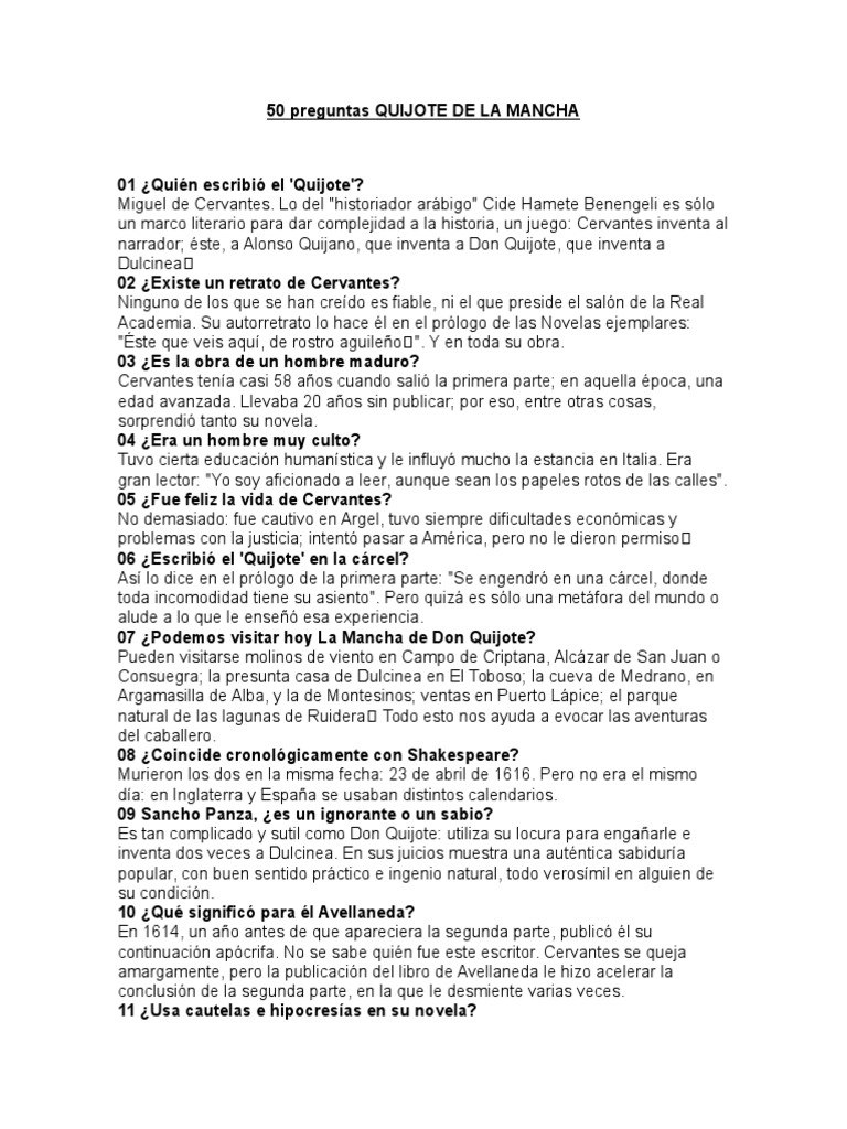 50 Preguntas Quijote de La Mancha | PDF | Don Quijote | Miguel De Cervantes