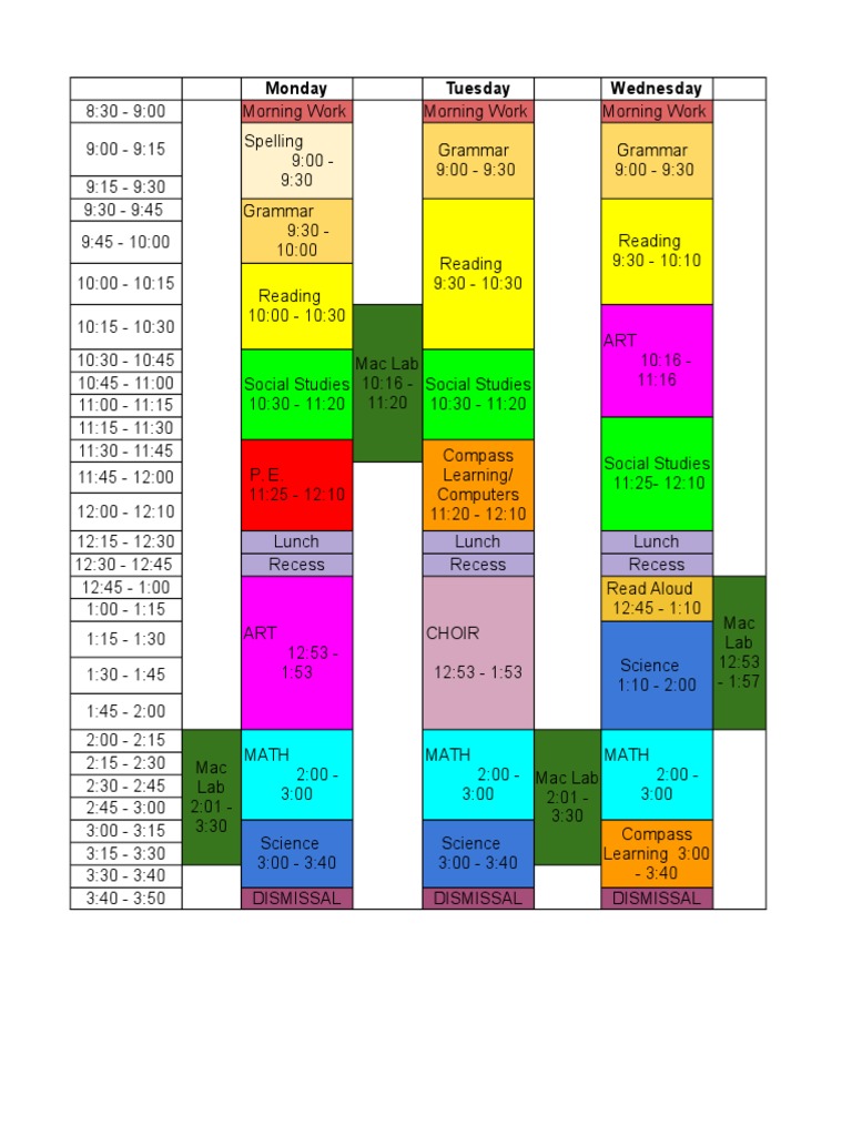 5th Grade Weekly Class Schedule | PDF