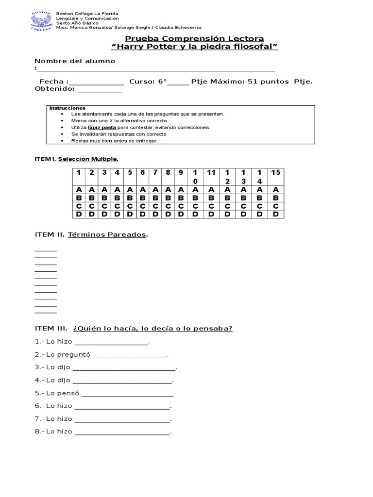 Prueba de Comprensión Lectora: Harry Potter | PDF | Universo Harry ...