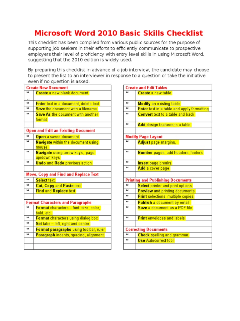 Microsoft Word 2010 Basic Skills Checklist | PDF