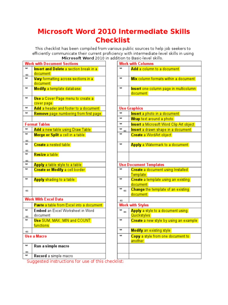Intermediate Microsoft Word 2010 Skills Checklist | PDF