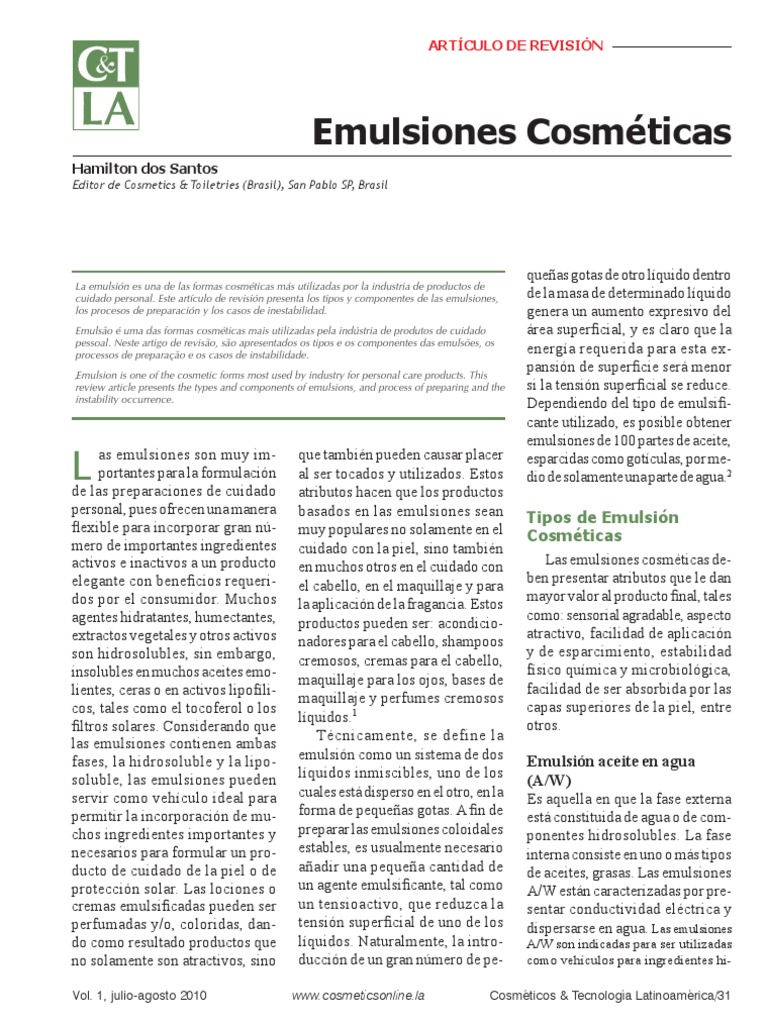 Tipos y componentes de emulsiones cosméticas | PDF | Emulsión ...