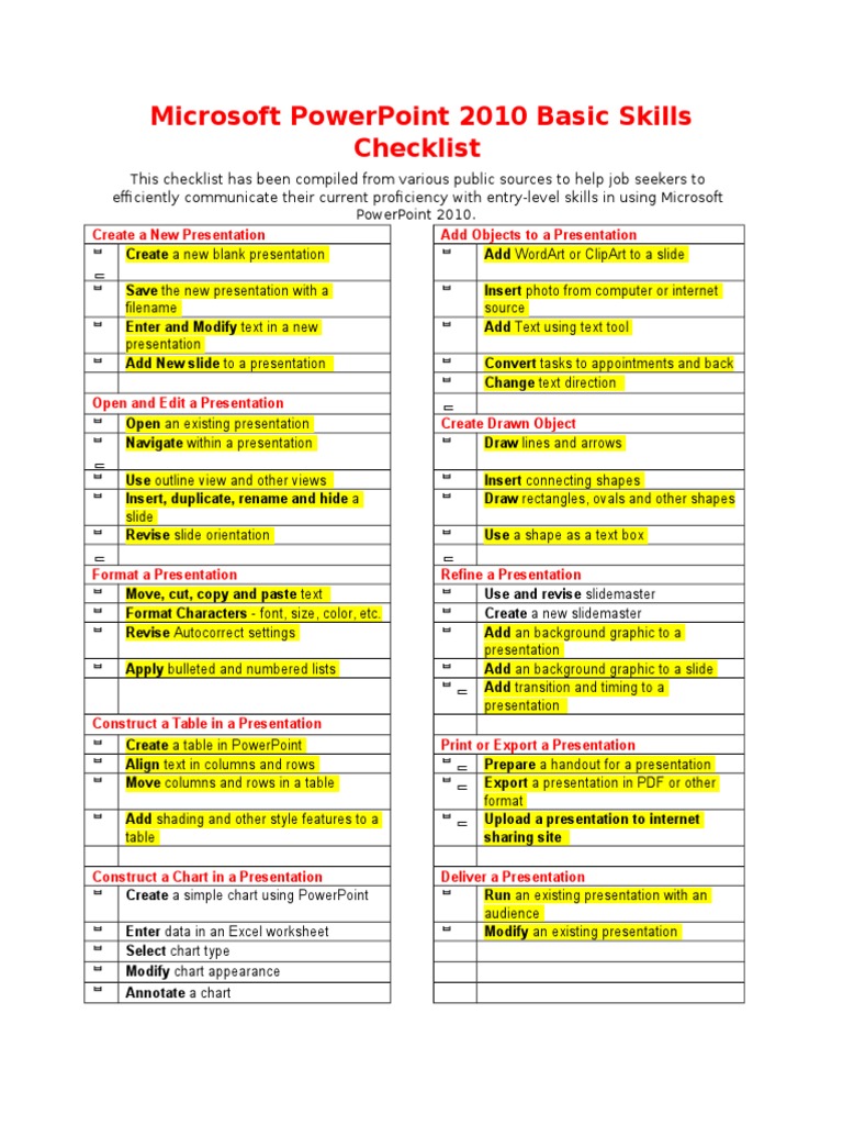 PowerPoint 2010 Skills Checklist | PDF | Computers