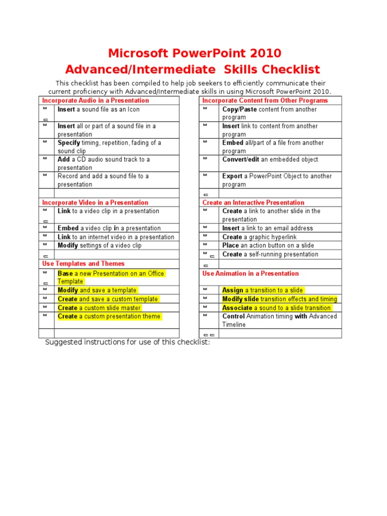 PowerPoint 2010 Skills Checklist | PDF | Computers