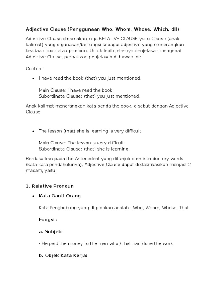 Adjective Clause (Penggunaan Who, Whom, Whose, Which, DLL) | PDF ...