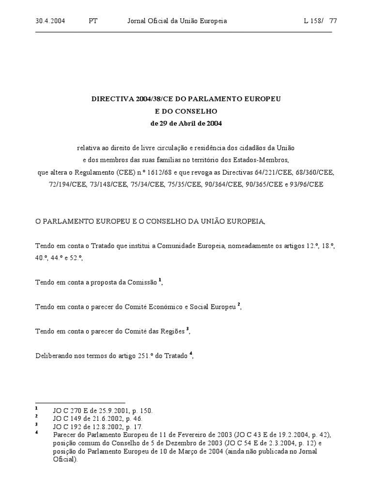 Diretiva 2004 - 38 - CE Dto Uniao Europeia | PDF | Passaporte | Cidadania