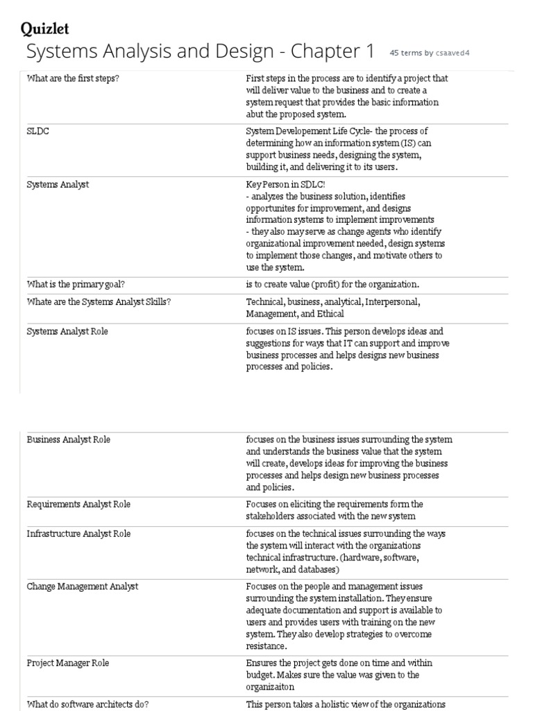 Systems Analysis and Design - Chapter 1 Flashcards - Quizlet | PDF ...