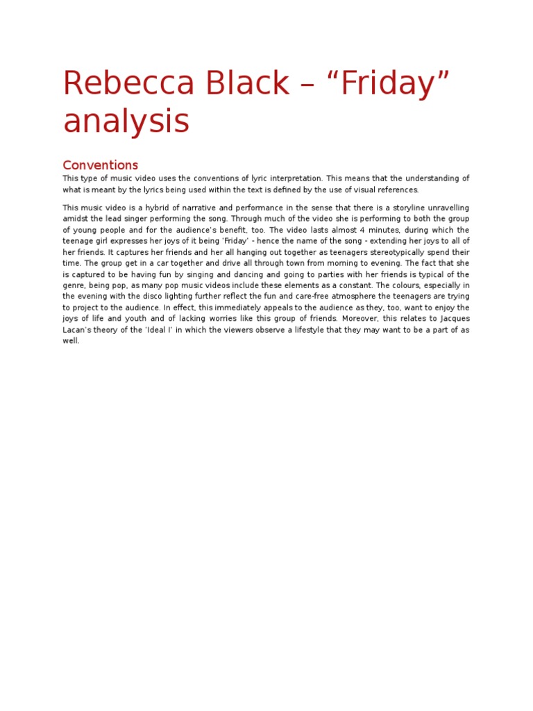 Rebecca Black - "Friday" Analysis: Conventions | PDF | Pop Music | Singing