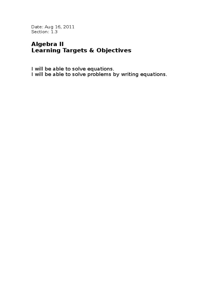 Algebra II Learning Targets & Objectives | PDF