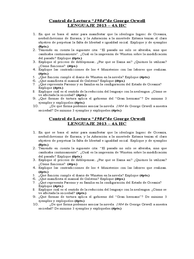 Control de Lectura " 1984" Lenguaje 2013 - 4A HC | PDF | Science | Ciencia y Tecnología