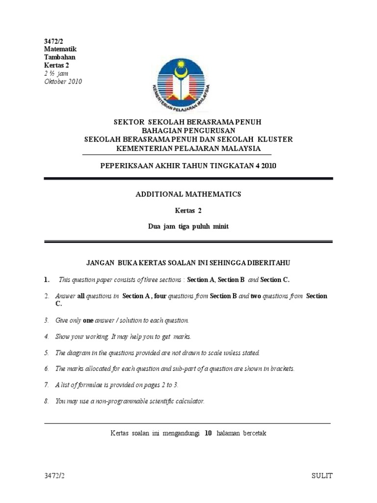 MT - k2 - Soalan 2010 | PDF | Circle | Quadratic Equation