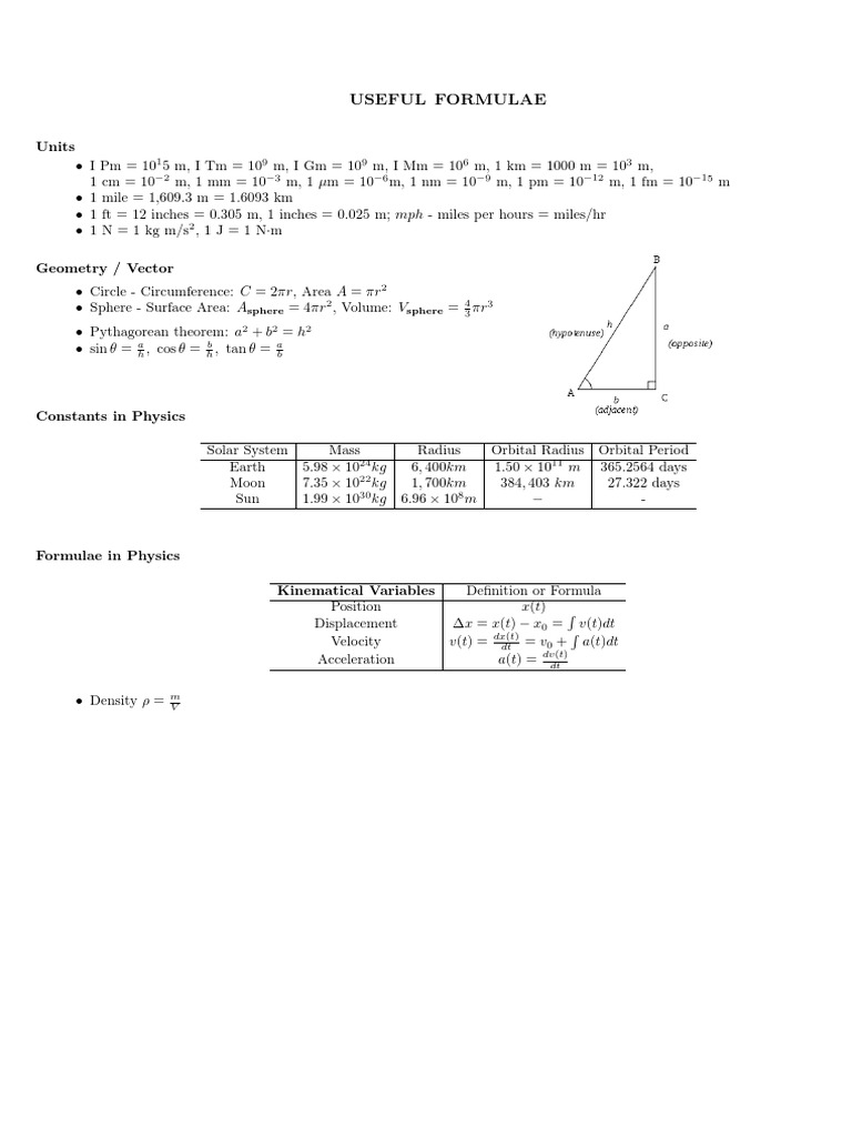 Essential Physics and Geometry Formulas | PDF