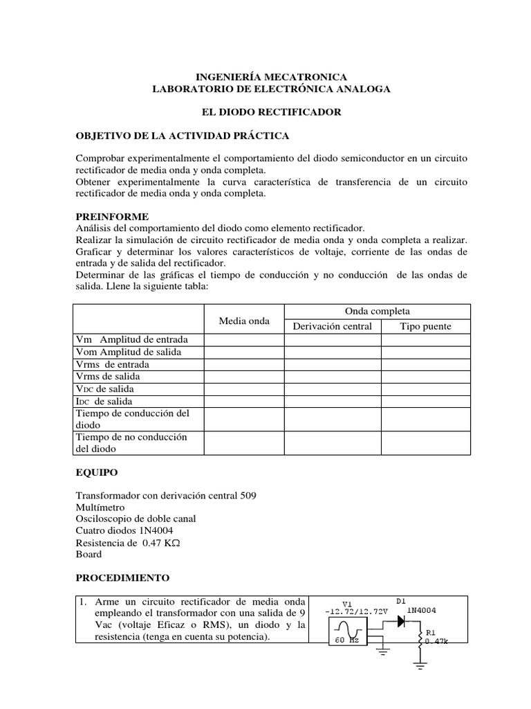 Practica 1 de Laboratorio de Electronica Analoga ITM | PDF | Rectificador | Diodo