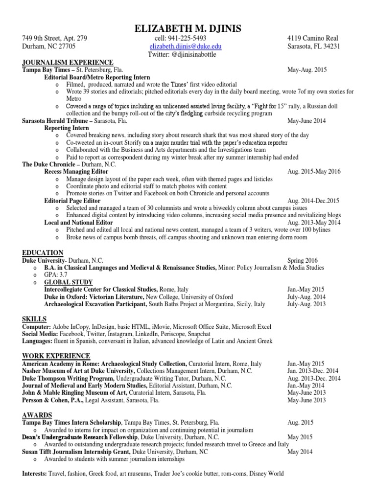 Resume: Elizabeth Djinis | PDF | Duke University | Internship