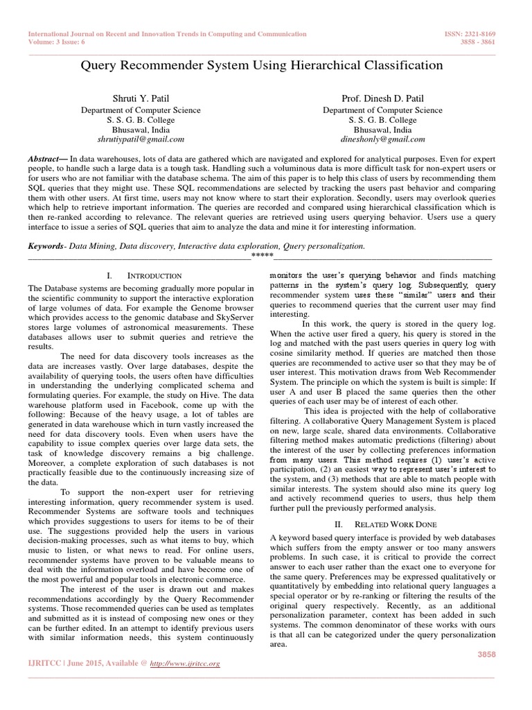 Query Recommender System Using Hierarchical Classification | PDF | Information Retrieval | Databases