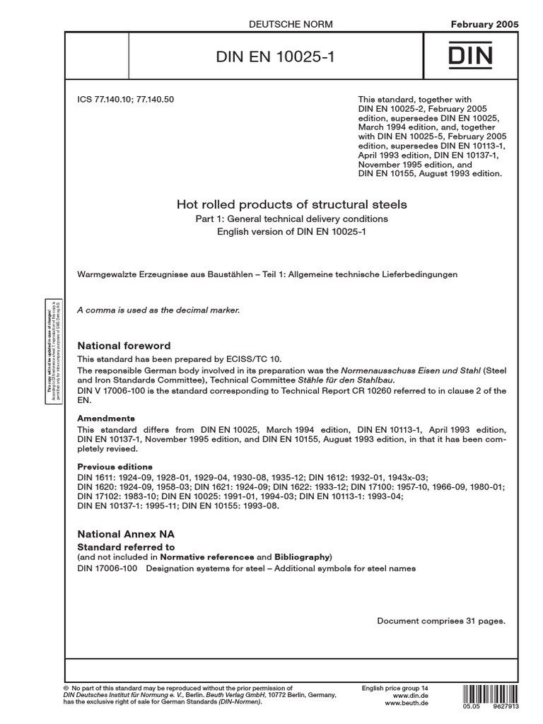 DIN EN 10025-1: Hot Rolled Products of Structural Steels | PDF | Reference