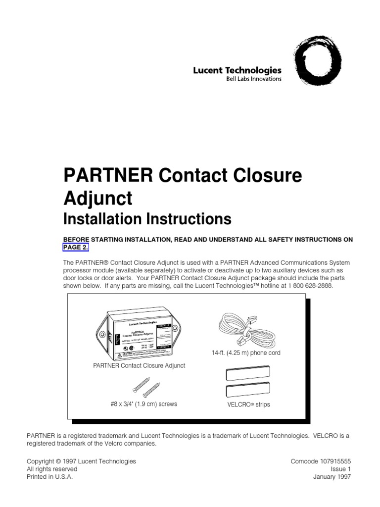 PARTNER Contact Closure Adjunct: Installation Instructions | PDF ...