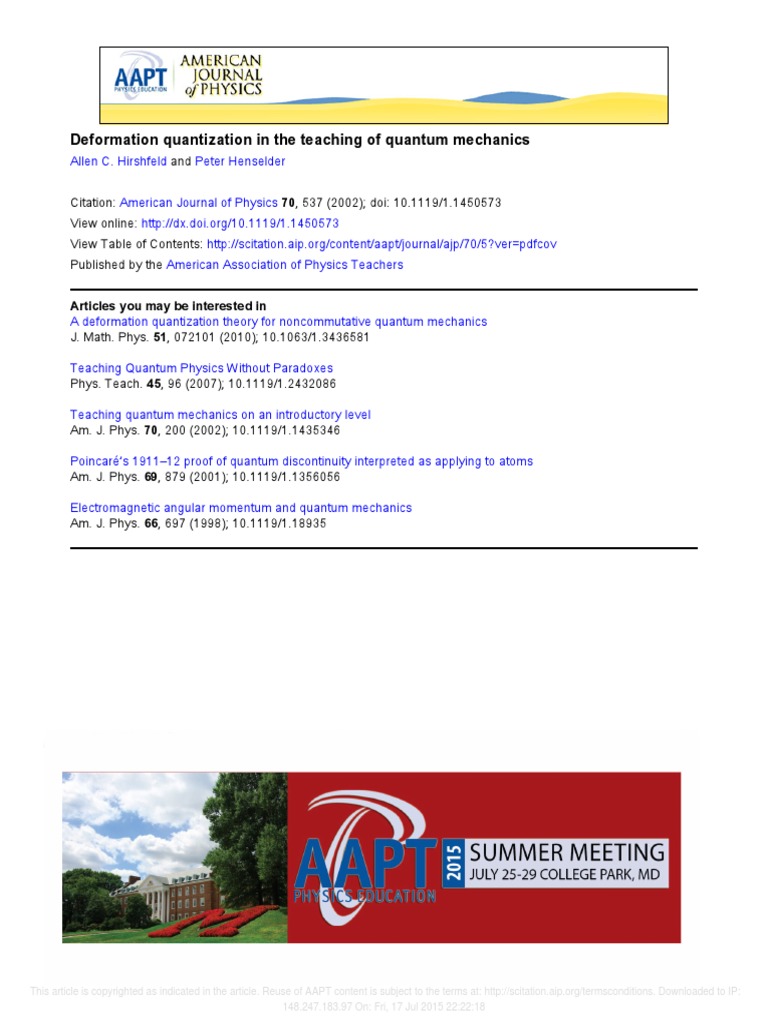 Deformation Quantization in The Teaching of Quantum Mechanics | PDF ...