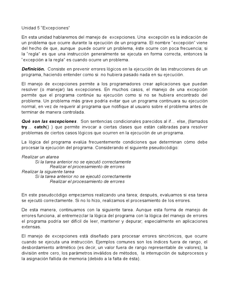Unidad 5 Excepciones | PDF | Programa de computadora | Programación