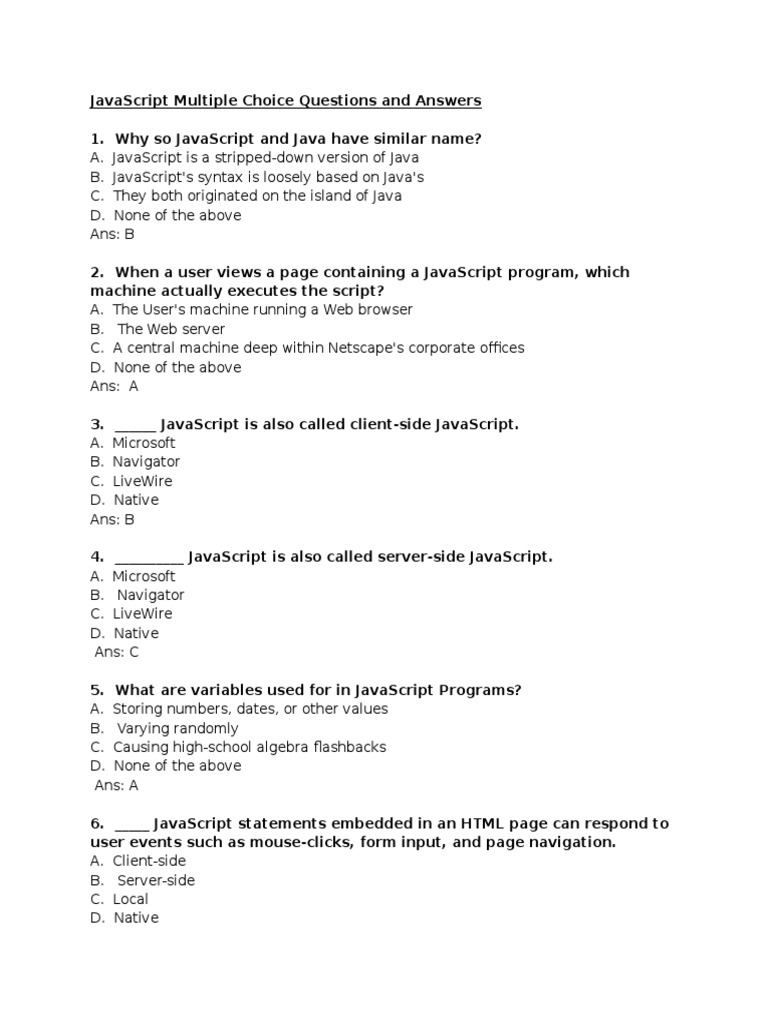 JavaScript Multiple Choice Questions and Answers | PDF | Dynamic Web ...