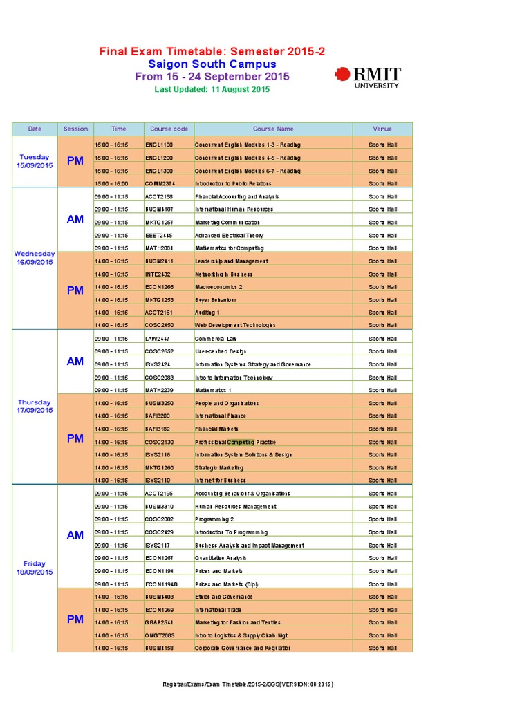 RMIT Final Exam Timetable SGS 2015-2 | Accounting | Analytics
