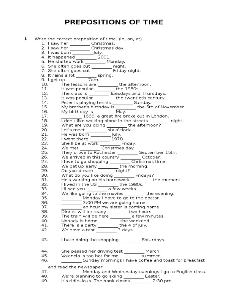 Prepositions of Time | PDF | Workweek And Weekend | Leisure
