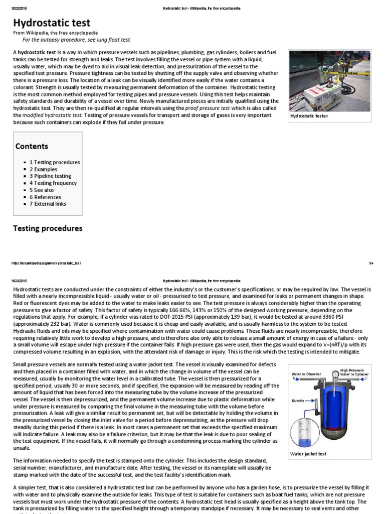 Hydrostatic Test - Wikipedia, The Free Encyclopedia | PDF | Hydraulic ...