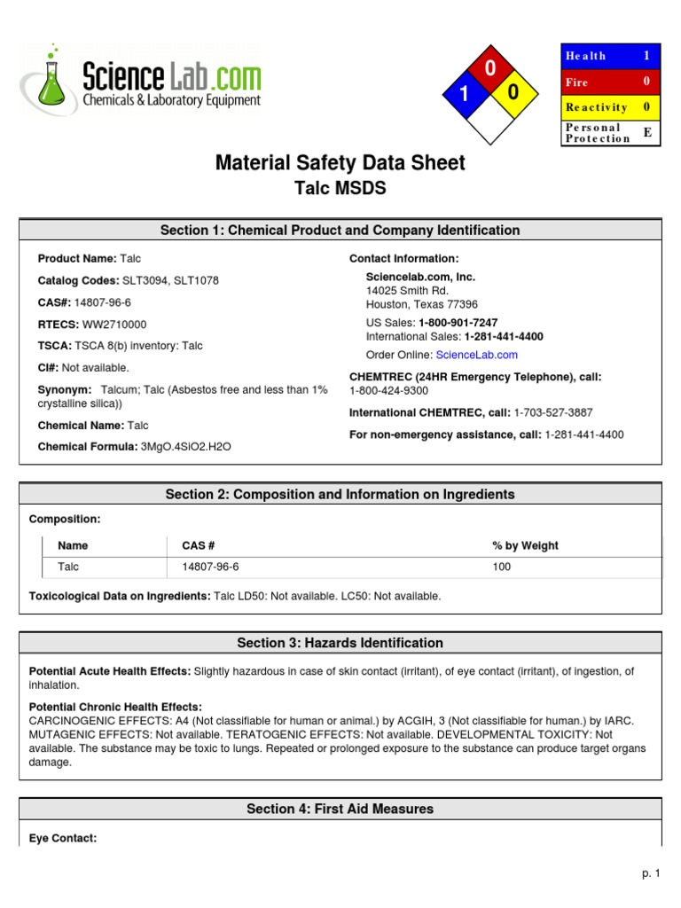 msds talc | Toxicity | Biodegradation | Free 30-day Trial | Scribd