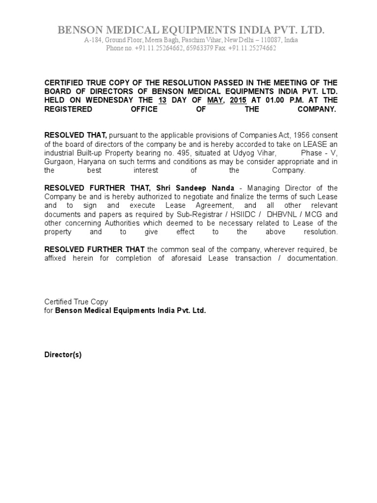 Board Resolution Lease | PDF