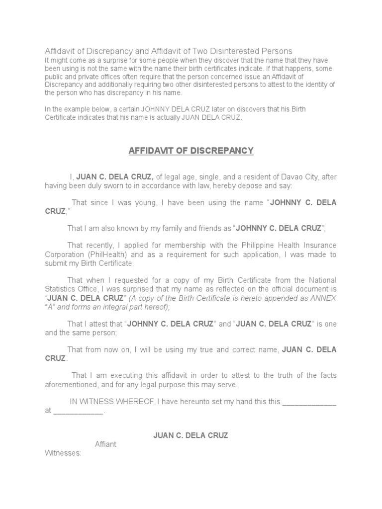 Affidavit of Discrepancy of Name and Two Disinterested Person ...