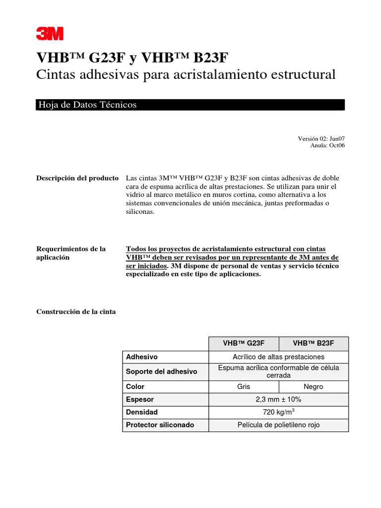 (Doc3) Ficha Tecnica 3M VHB G23F y B23F | PDF | Aluminio | Acero