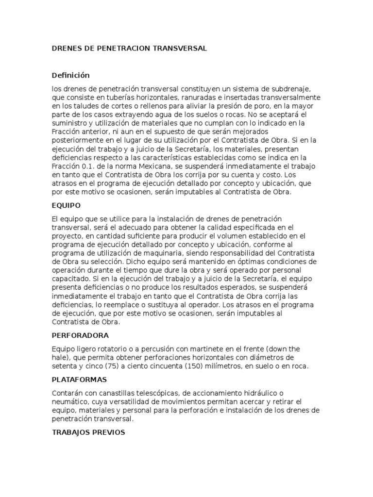 Resumen Drenes de Penetracion Transversal | PDF | Tubería (transporte ...