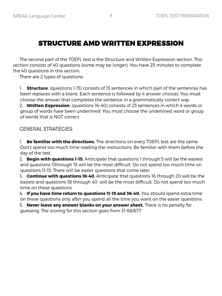 TOEFL Structure and Written Expression | PDF | Subject (Grammar ...