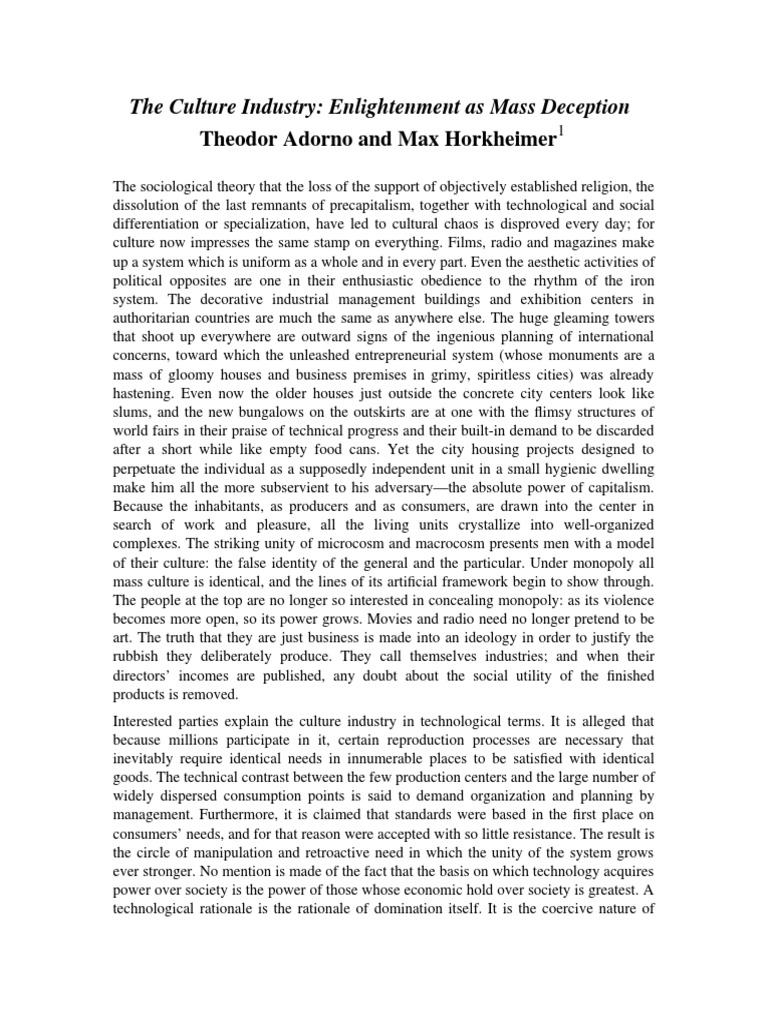 The Culture Industry - Enlightenment As Mass Deception - Adorno ...
