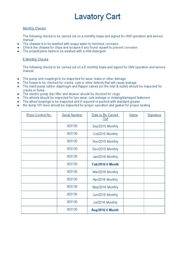 Monthly and Six-Month Checks for Lavatory Cart | PDF