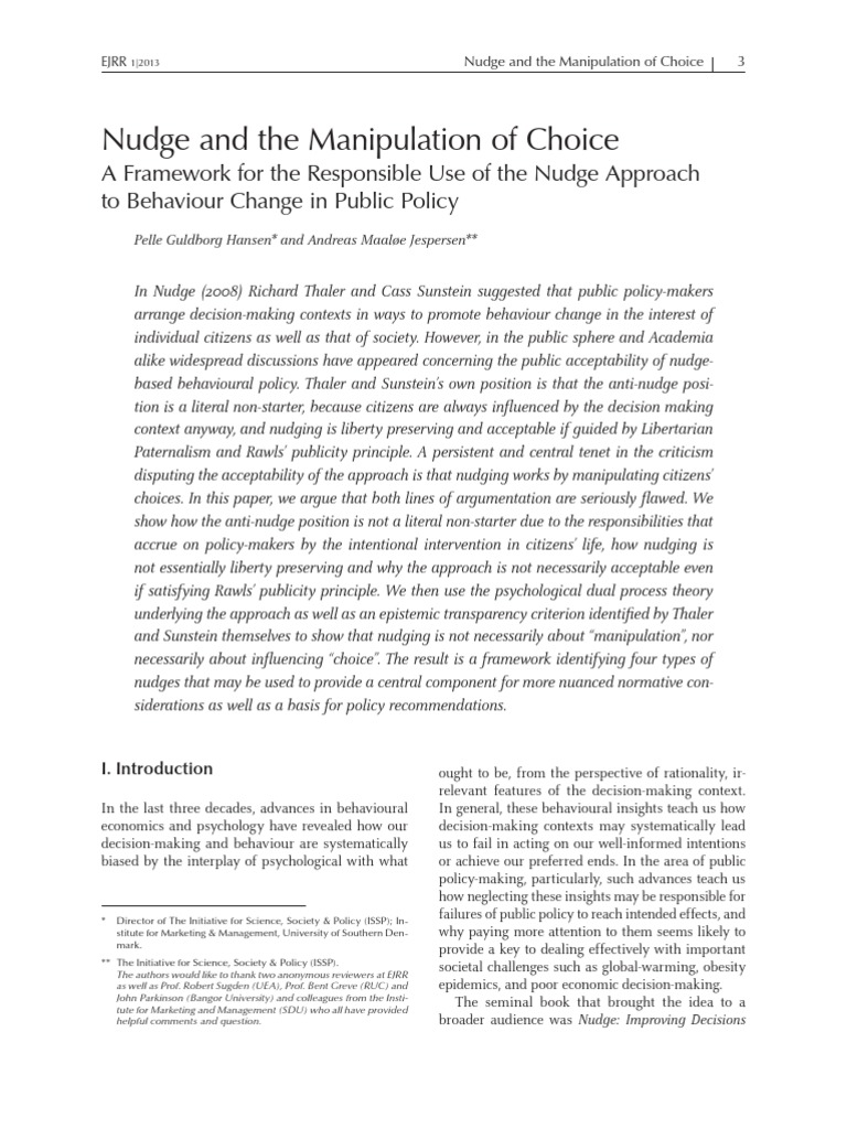 Nudge and The Manipulation of Choice | PDF | Free Will | Economics