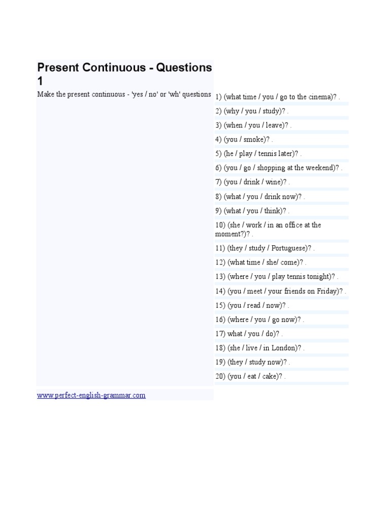 Present Continuous Question Practice | PDF