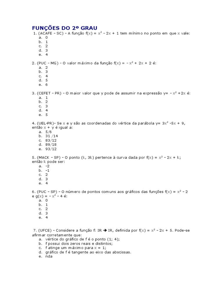 Vários Exercícios Sobre FUNCOES DO 1º 2º GRAU | PDF | Função ...