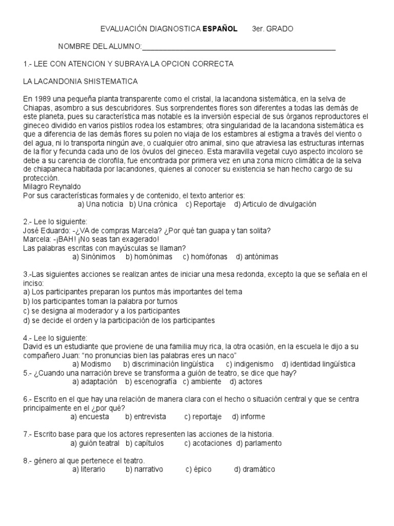 EXAMEN PLANEA ESPAÑOL 3° | Narrativa | Flores
