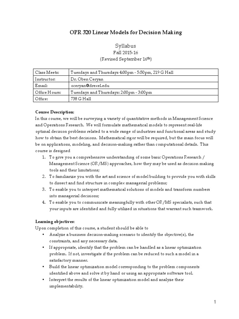 OPR320 Syllabus | PDF | Operations Research | Homework